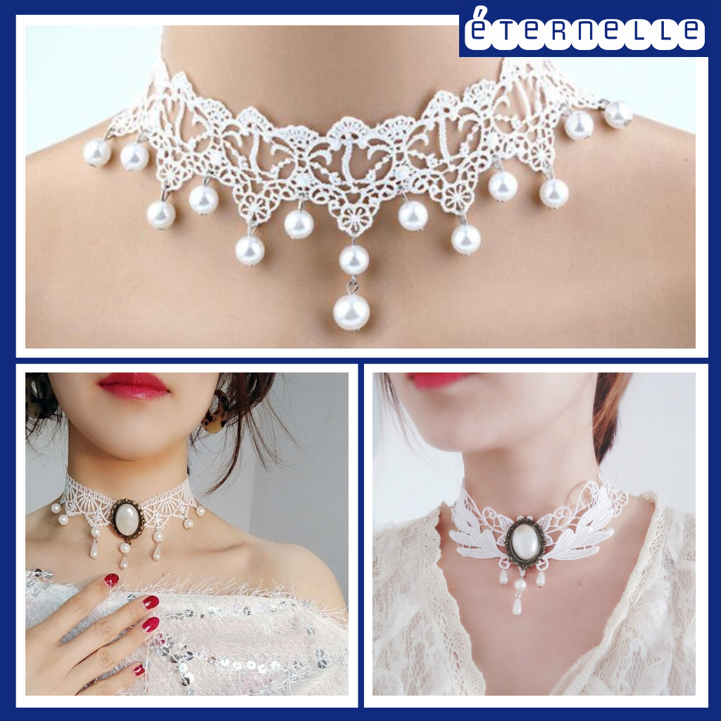Éternelle Elegant Vintage Imitation Pearl White Lace Statement Choker ...