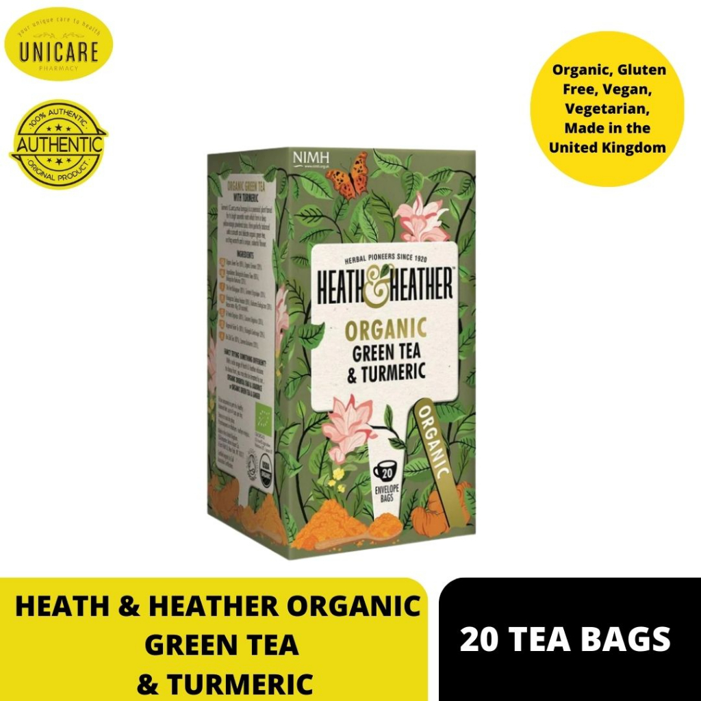 HEATH & HEATHER ORGANIC GREEN TEA & TURMERIC (20 TEA BAGS). Organic ...