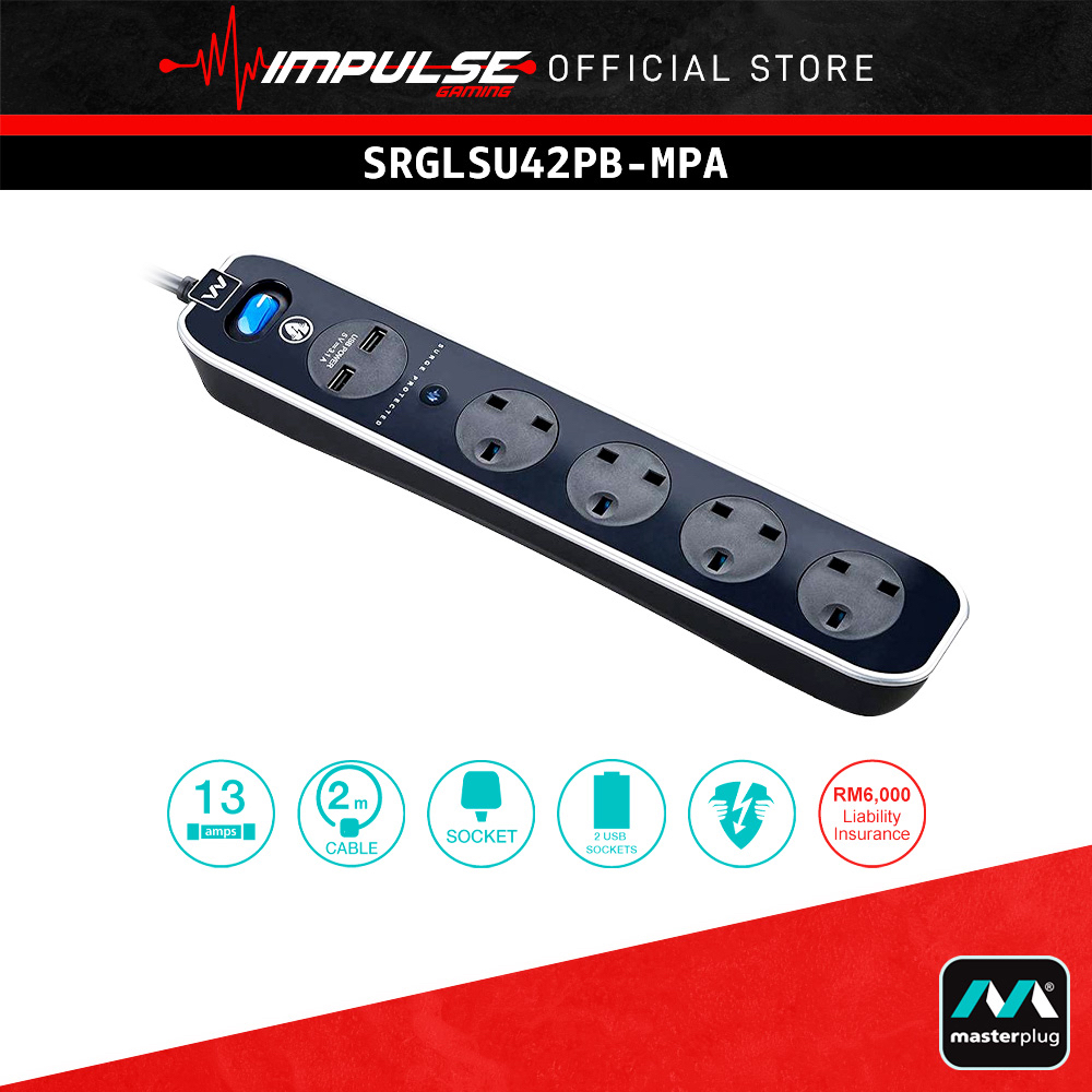 Masterplug 2 Meter Glossy Black 4 Socket with Switch & Surge Protection ...
