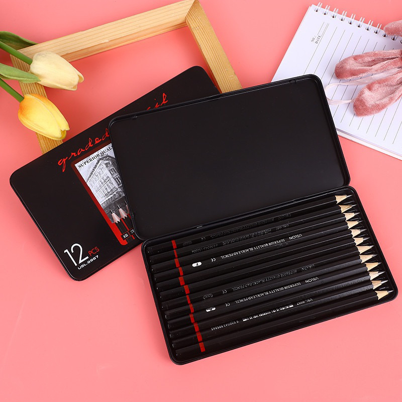( 12 pcs ) profession Wooden Lead Pencils Set 2H-8B Metal Box ...
