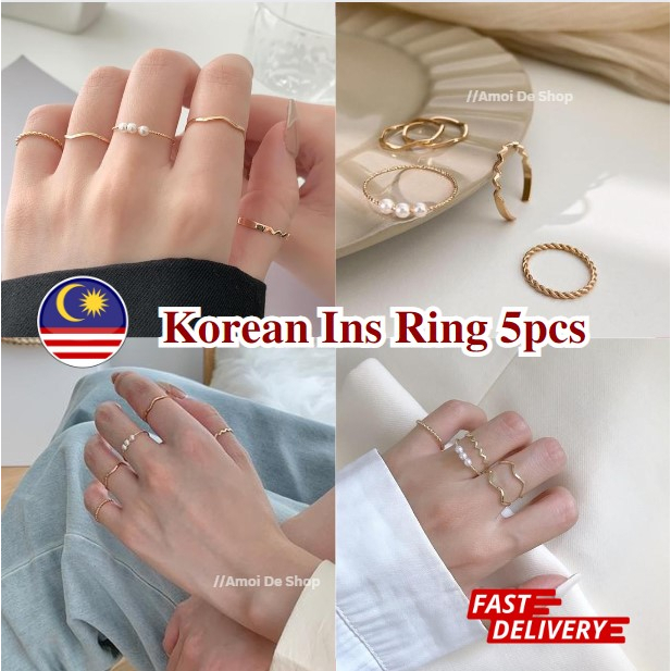 Korean 5pcs ins Ring female niche fashion irregular ring Pearl tail ...