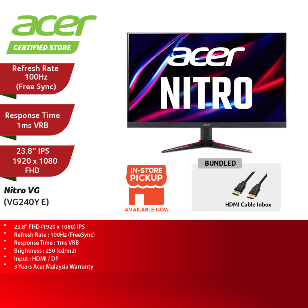 Acer Nitro VG240Y E 23.8" FHD IPS 100Hz Gaming Monitor (DP, HDMI, 3 Yrs ...