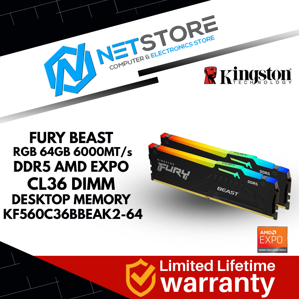 KINGSTON FURY BEAST RGB 64GB 6000MT/s DDR5 AMD EXPO CL36 DIMM DESKTOP MEMORY - KF560C36BBEAK2-64 ...
