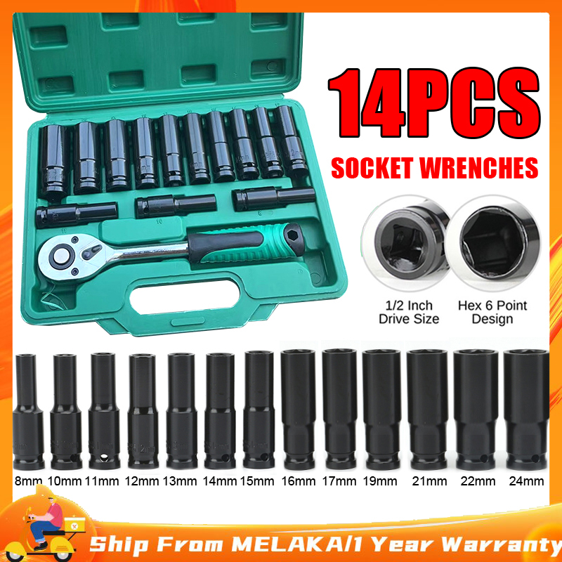14PCS 1/2 Inch Long Impact Socket Set Deep Long Box Socket 6 Point ...
