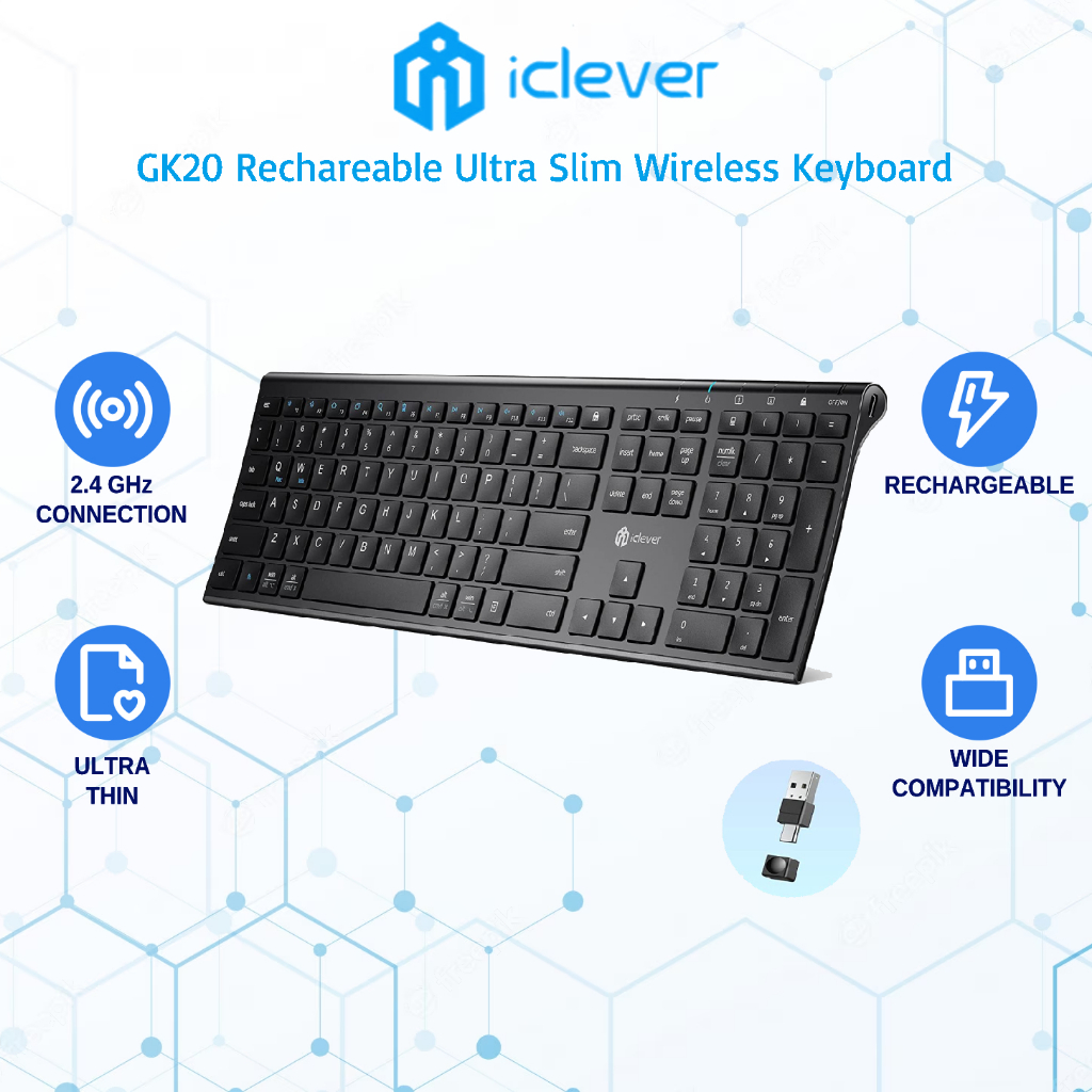iClever GK20 2.4G Wireless Keyboard, USB-C Rechargeable Stainless Steel ...