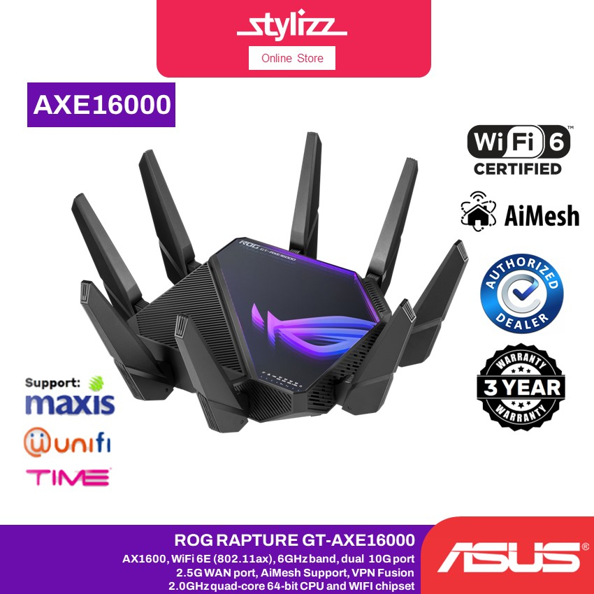 ASUS ROG WIFI 6E QUAD-BAND GT-AXE16000 GAMING ROUTER - 6GHz band, 10G ...