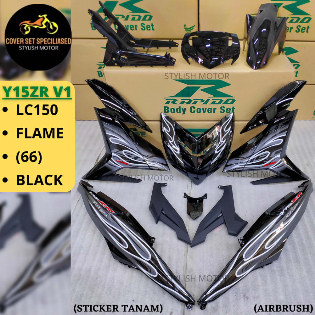 (STICKER TANAM/AIRBRUSH) RAPIDO COVER SET YAMAHA Y15 Y15ZR V1/V2 LC150 FLAME (66) BLACK | Shopee ...