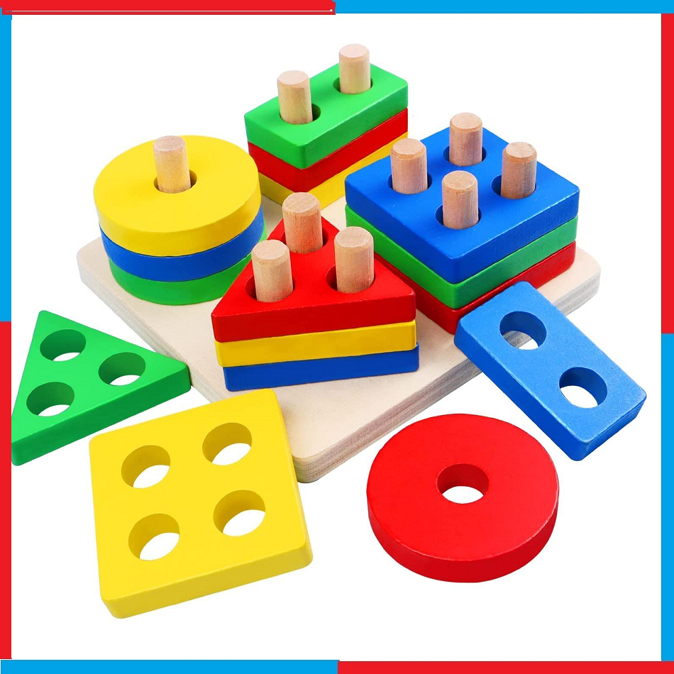 Wooden Sorting & Stacking Educational Toys for Toddlers, Shape Color ...