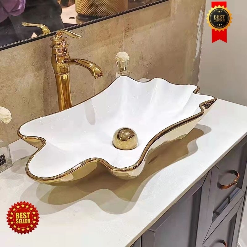 Desinger Luxury basin sink shell design gold white bathroom sink modern ...