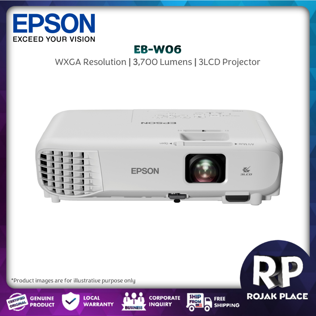Epson EB-W06 WXGA 3LCD Projector 3700 Ansi Lumen 1280 x 800 HD ...