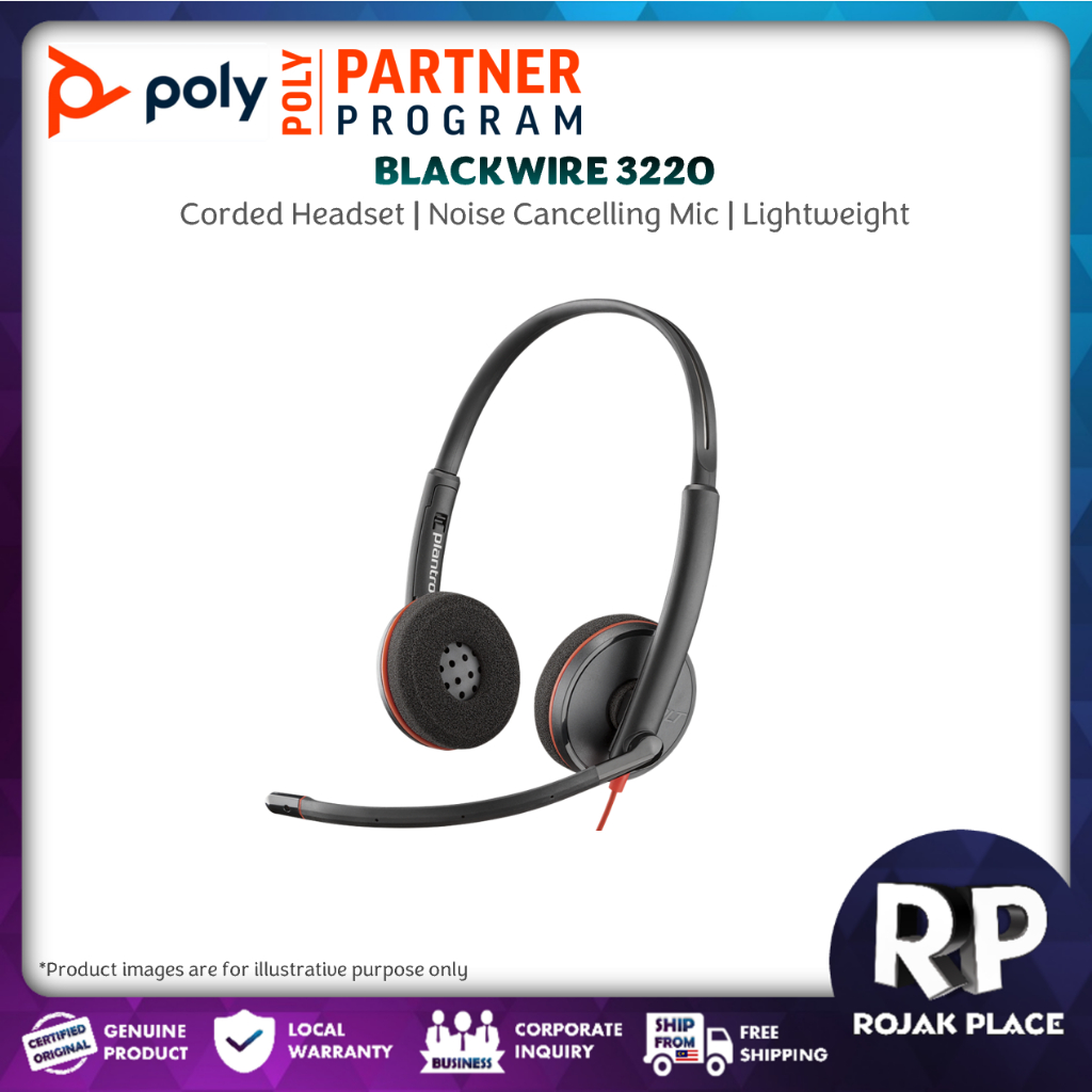 Poly Blackwire 3220 / 3225 Stereo Office Corded Headset with Noise ...