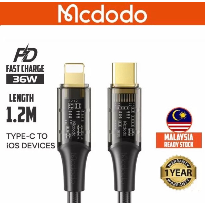(12 Month Warranty) MCDODO CA-1590 36W Transparent PD USB Data Cable Type C To iP Super Fast ...