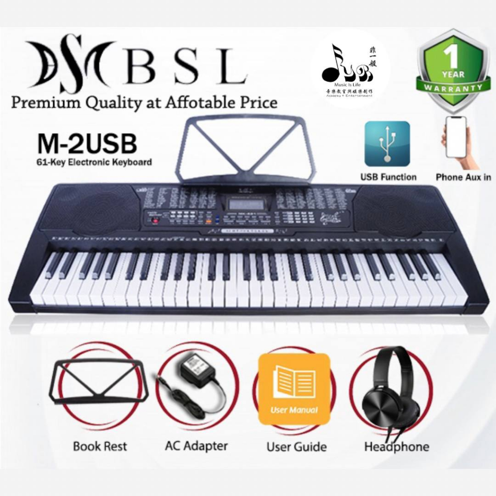 BSL M-2USB 61 Key Self Learning USB Electronic Music Piano Keyboard and Headphone (M2 M2USB ...