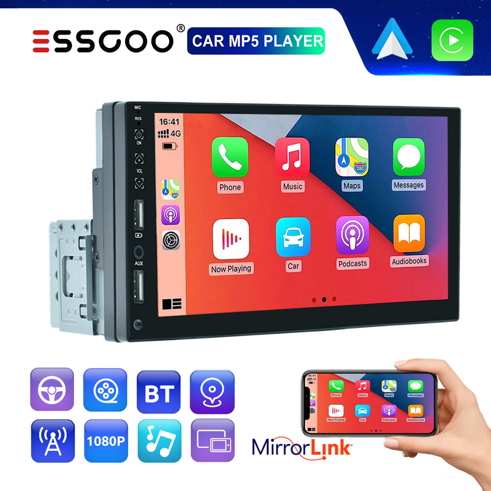 ESSGOO Single 1 Din Car Stereo Radio Carplay & Android Auto 7" inch Vedio MP5 Player Bluetooth ...
