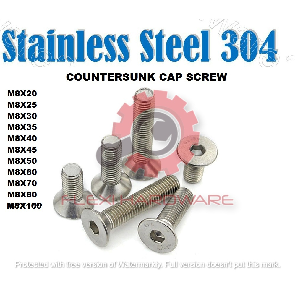 M8 CSK Countersunk Screw Flat Head Screw 304 Stainless Steel SHINY ...
