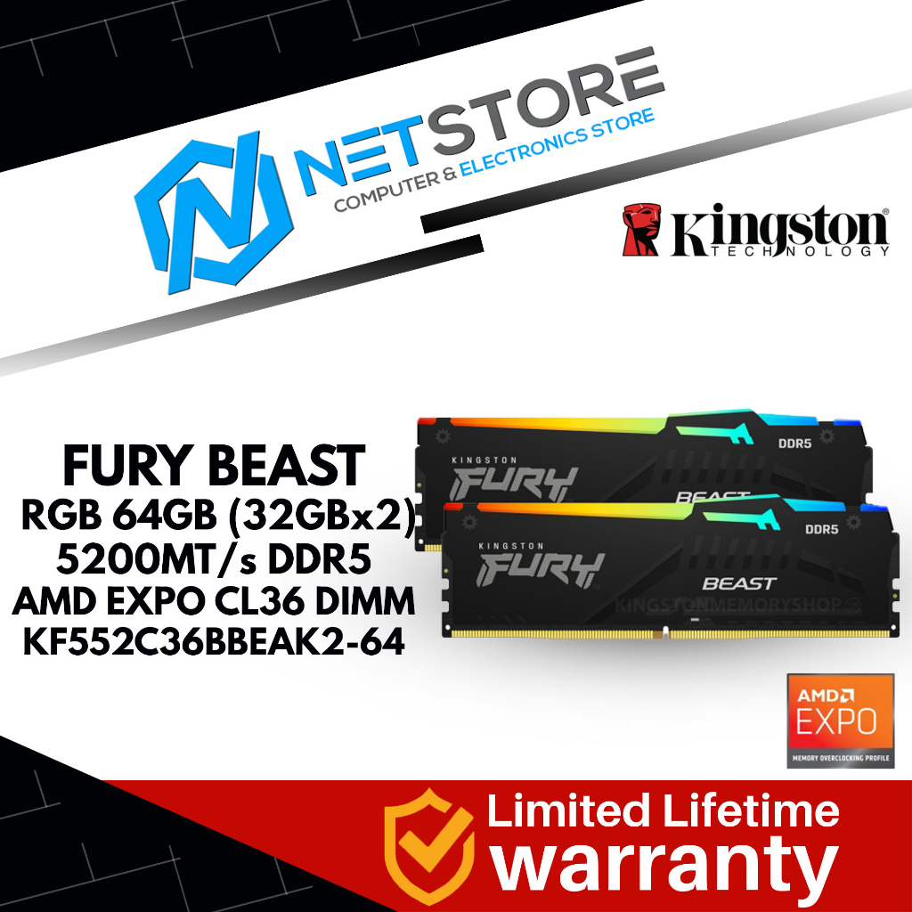 KINGSTON FURY 64GB 5200MT/s DDR5 CL36 (Kit of 2) DIMM FURY BEAST RGB EXPO - KF552C36BBEAK2-64 ...