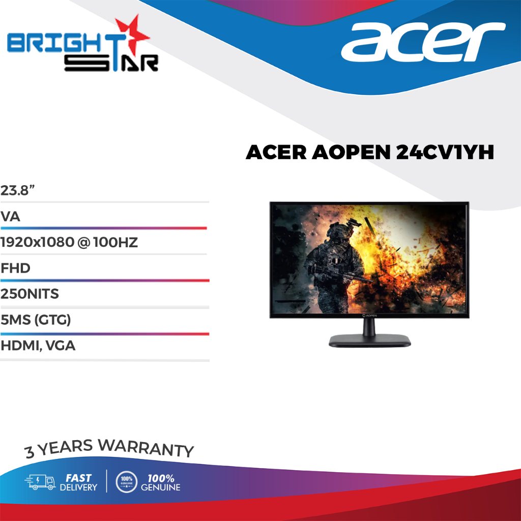 ACER AOPEN 23.8" 24CV1YH VA FHD 100HZ ESSENTIAL MONITOR | Shopee Malaysia