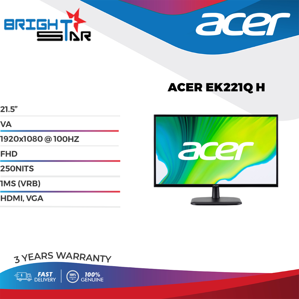ACER 21.5" EK221QH VA FHD 100HZ ESSENTIAL MONITOR | Shopee Malaysia