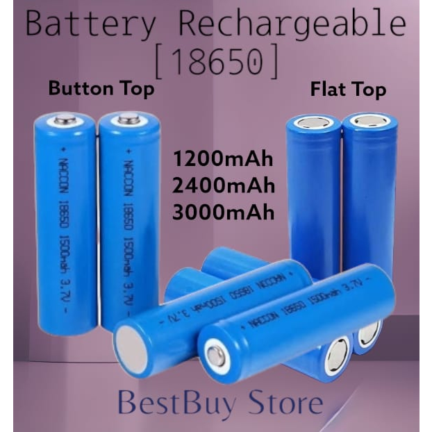 Rechargeable 18650 Flat Top & Button Top Lithium Ion 3.7V Battery [1200 ...