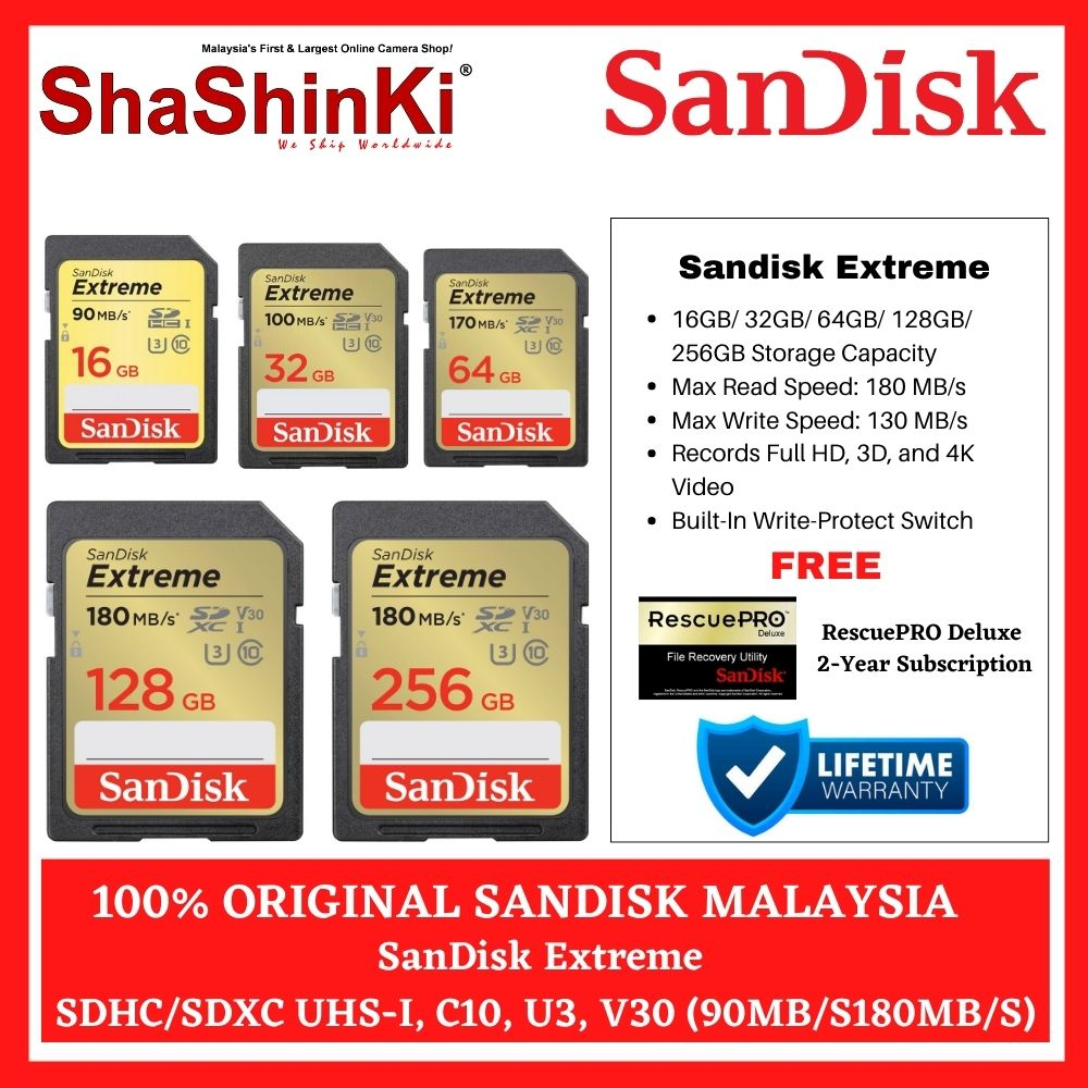 SanDisk Extreme SD 16GB/ 32GB/ 64GB/ 128GB/ 256GB 90MB/s-150MB/s Class 10 U3 UHS-I SDHC Memory ...