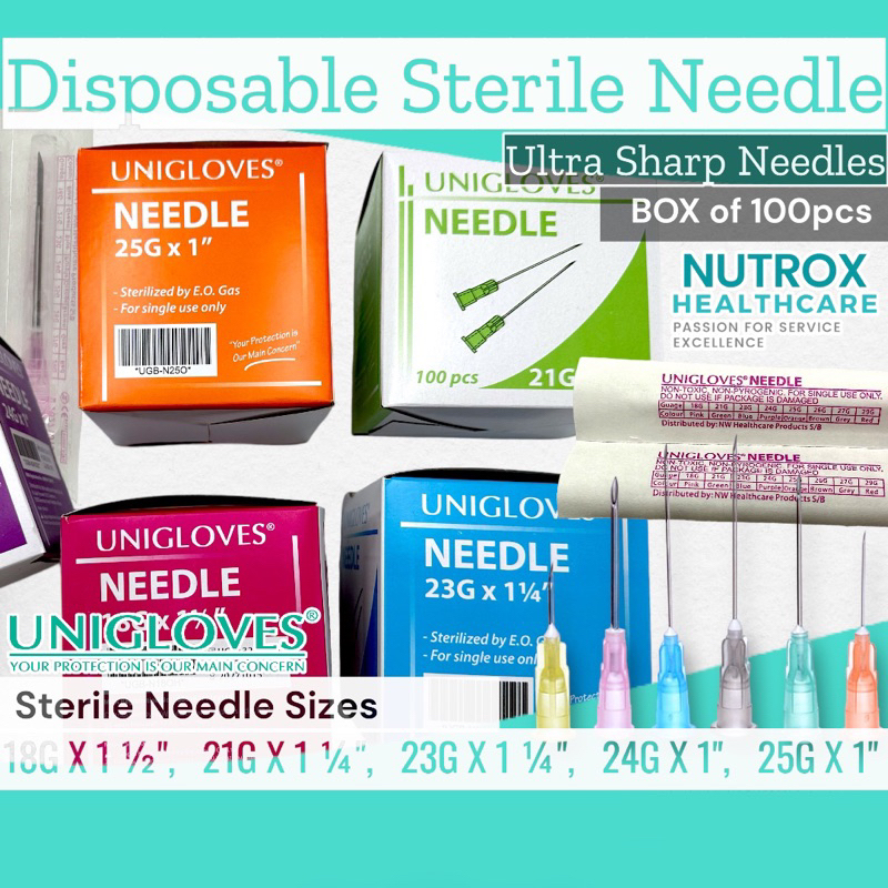Unigloves Sterile Needle Box of 100pcs Size 18G X 1 ½", 21G X 1 ¼", 23G ...