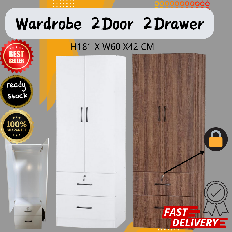 [185CM] 2Doors Wardrobe With Drawer & Lock Almari Baju berkunci Almari ...