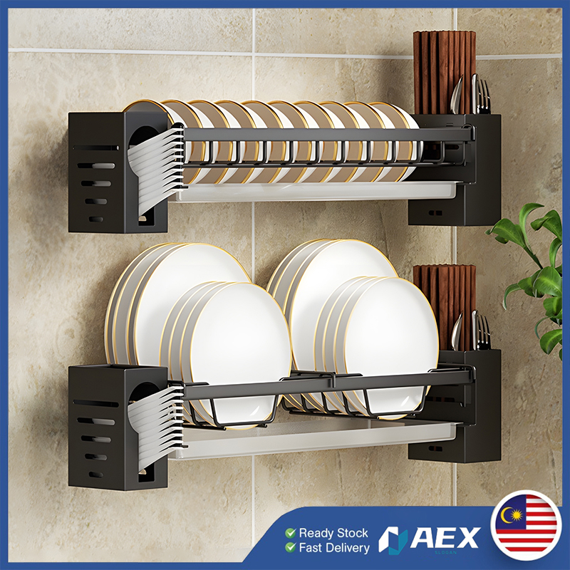 Rak Pinggan Stainless Steel Wall Mounted Dish Rack kitchen Punch Free ...