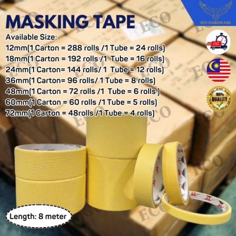 12 18 24 36 48 60 72mm Masking Tape For Painting Pita Pelekat Kertas ...