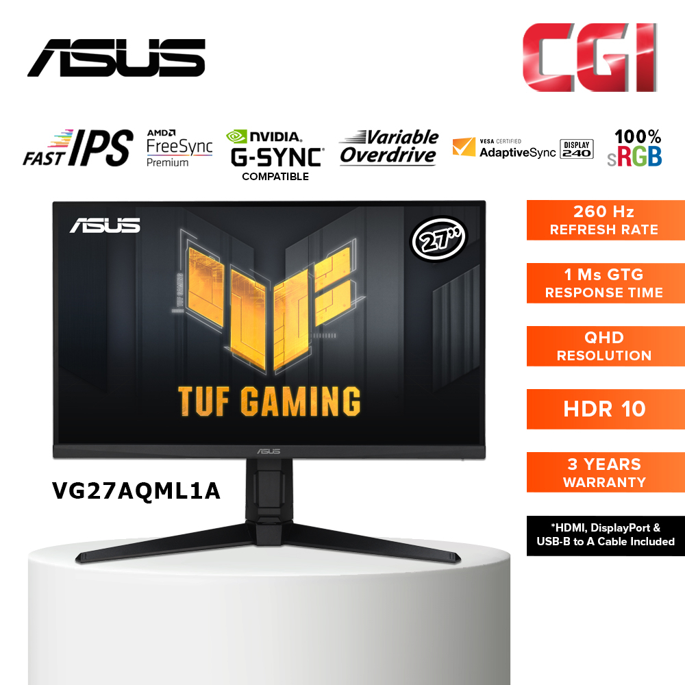 Asus 27" TUF Gaming VG27AQML1A Fast IPS WQHD 260Hz 1ms Freesync G-Sync HDR Ergonomic Gaming ...