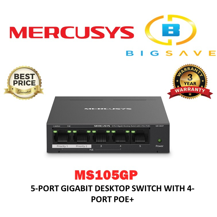 MERCUSYS MS105GP 5-PORT GIGABIT DESKTOP SWITCH WITH 4-PORT POE+ ...