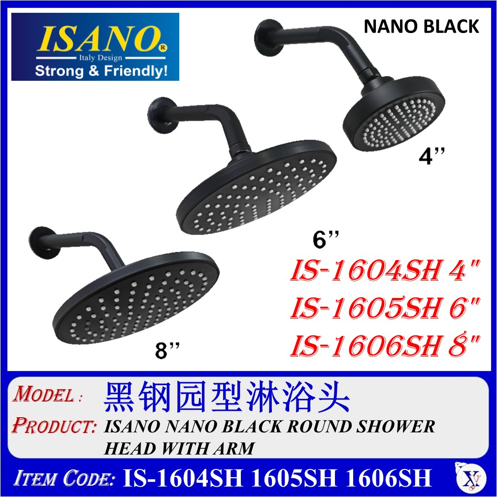 （4" / 6" / 8") ISANO NANO BLACK ROUND SHOWER HEAD WITH ARM (IS-1604SH ...