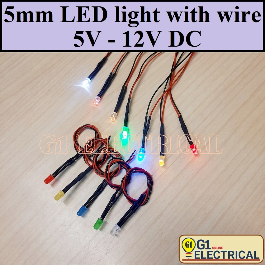 5mm Light Emitting Diode (LED) with wire/ LED Indicator light 5V – 12V ...