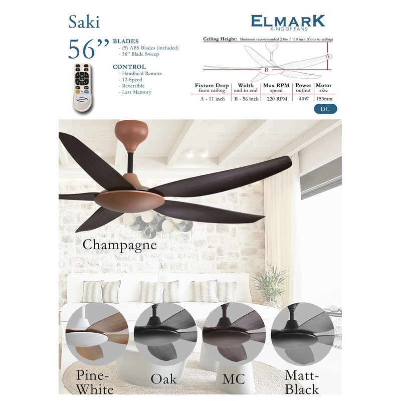 (New) Elmark Saki Ceiling Fan 56/42 inch Remote Control (DC Motor) 5 Blade 12 Speed Ceiling Fan ...