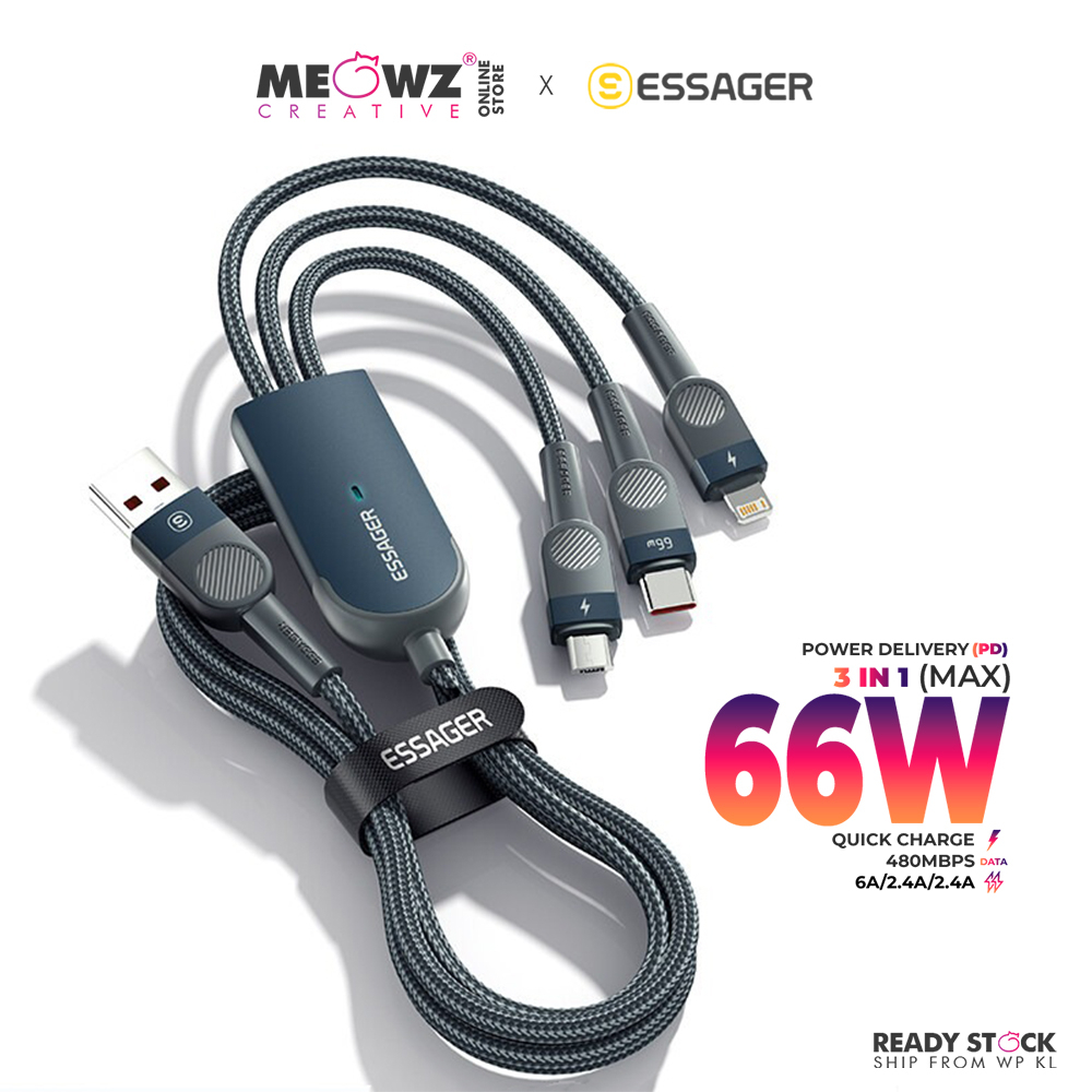 Essager 66W 6A Max 3 in 1 USB to Type-C / iP / Micro Usb Fast Charging ...