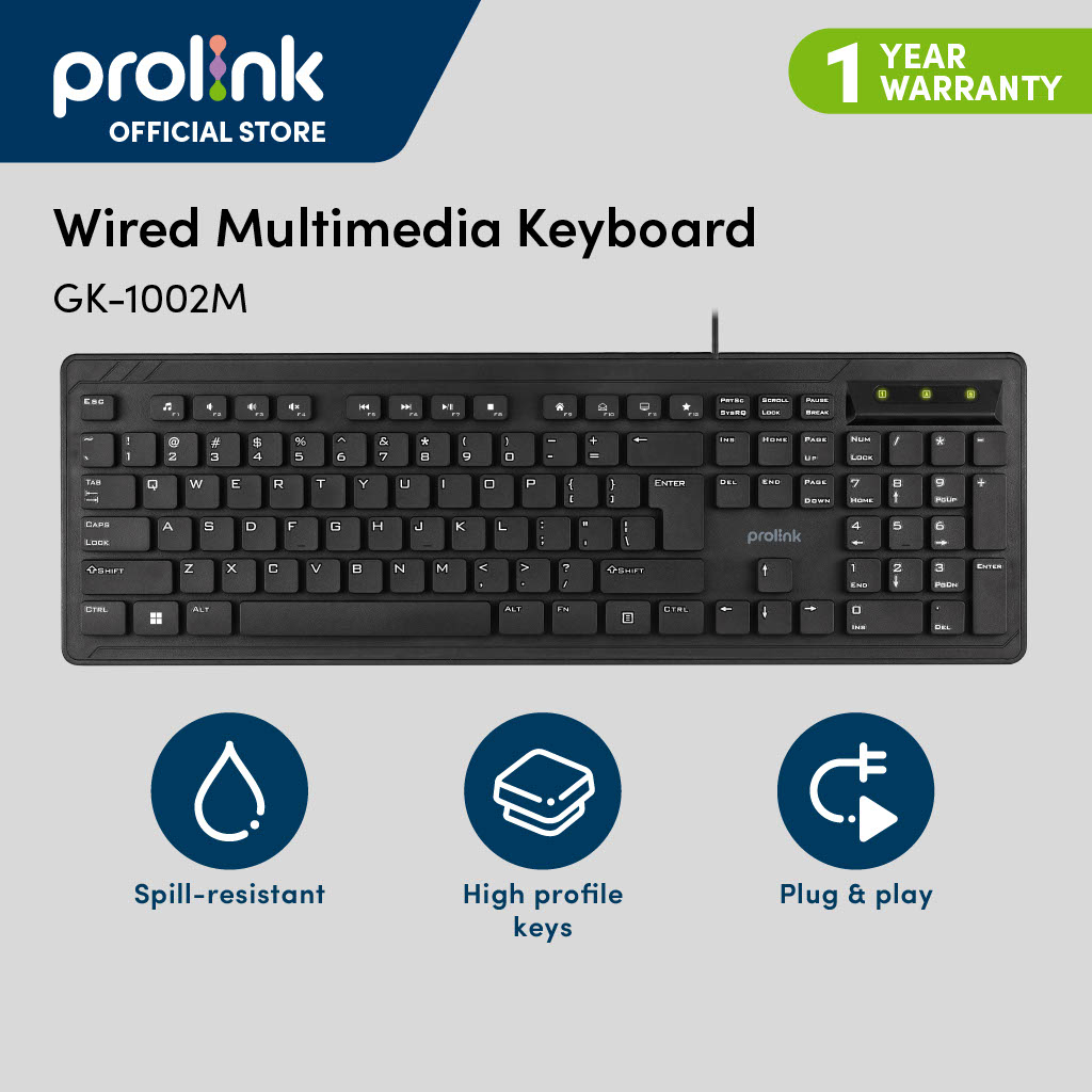 Prolink Wired Multimedia Keyboard for windows | Spill resistant | Plug ...