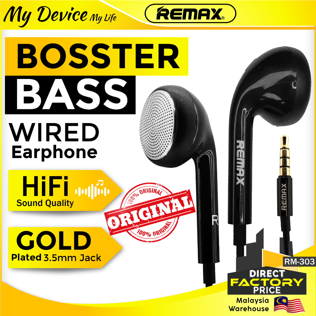 100% Original REMAX RM-303 Wired Earphone Stereo Bass with Mic 3.5mm ...