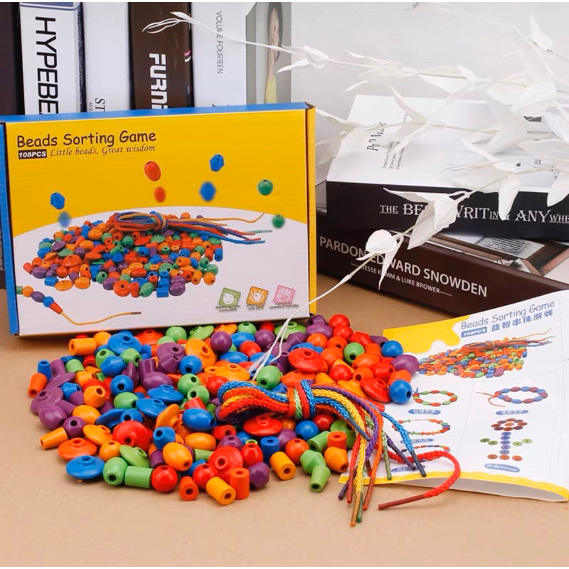 Wooden Coloured Beads Sorting/ Threading game toys, Montessori inspired ...
