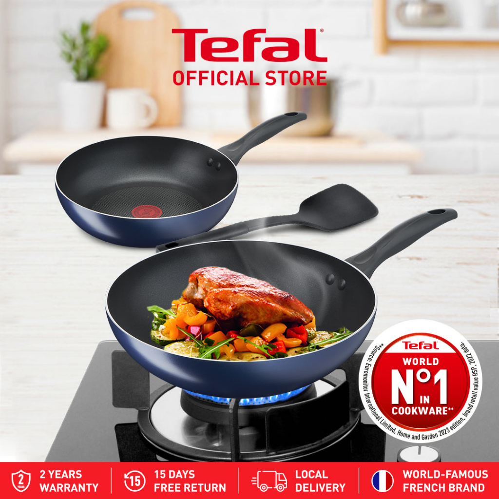 Tefal Clear Cook 3pcs set (Frypan 26cm + Wokpan 28cm + Small spatula) (Non-stick cookware set ...