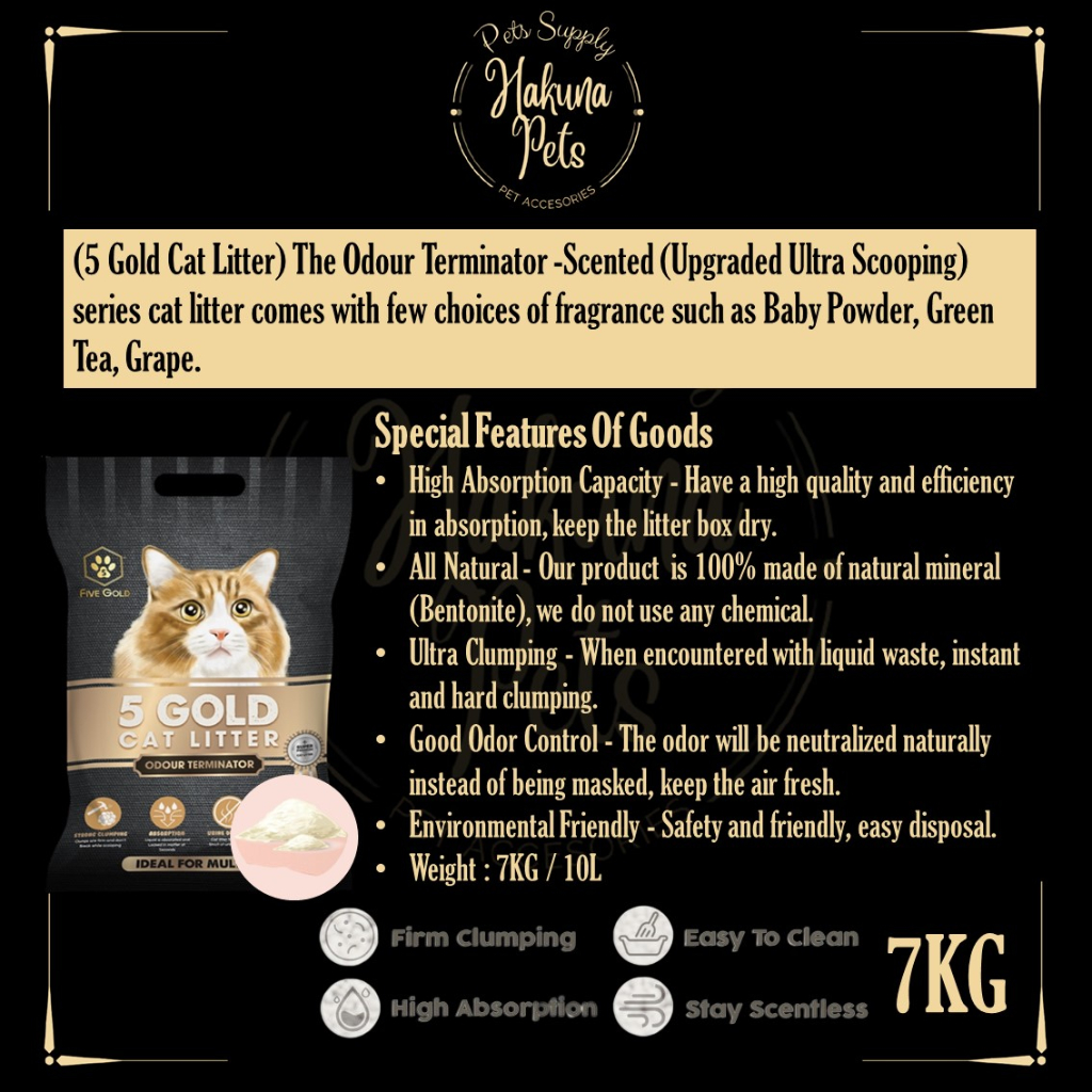 5 Gold Cat Litter Odour Terminator - (Baby Powder/ Green Tea/ Grape ...