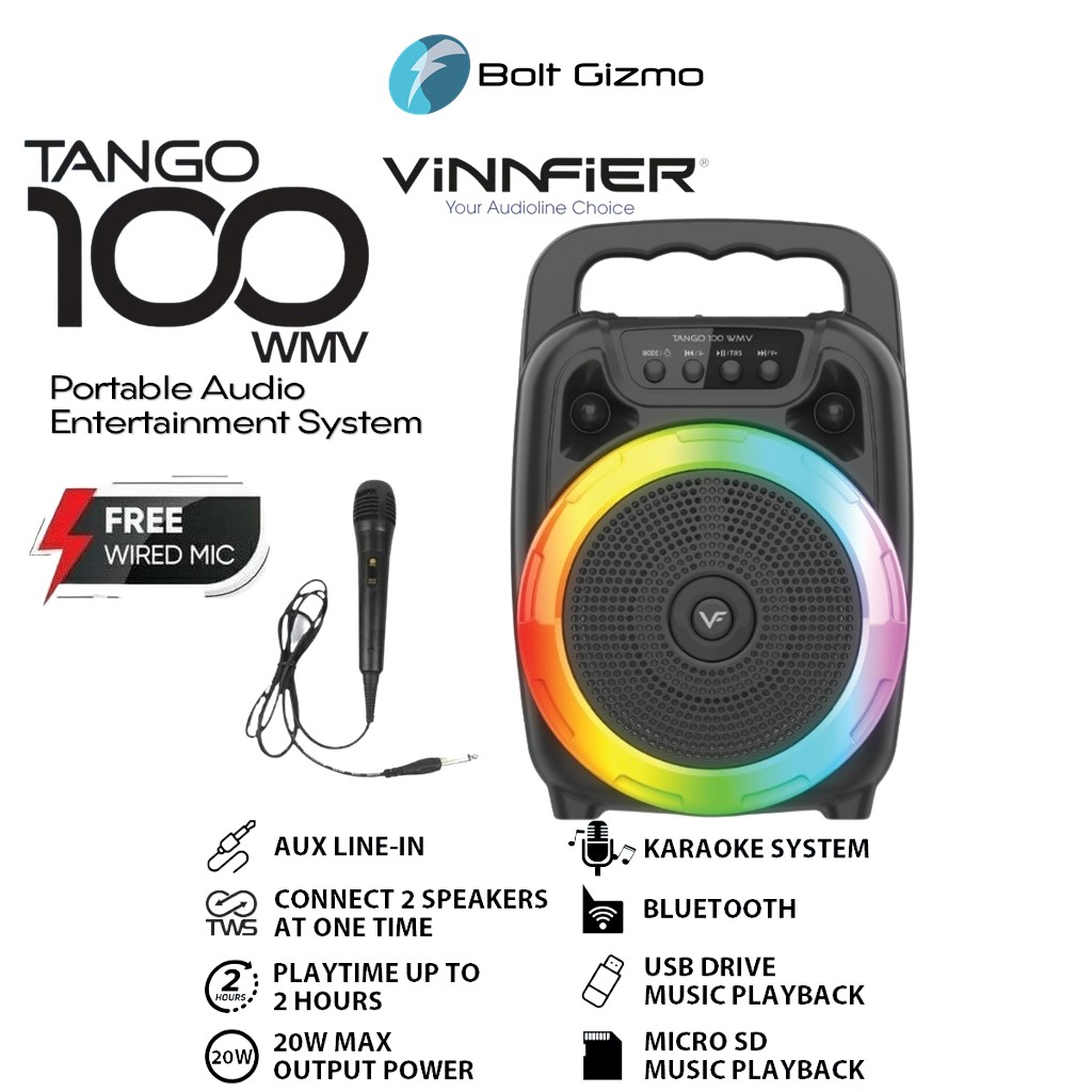 Vinnfier Tango 100 WMV 2023 Bluetooth Karaoke Portable Speaker AUX USB ...