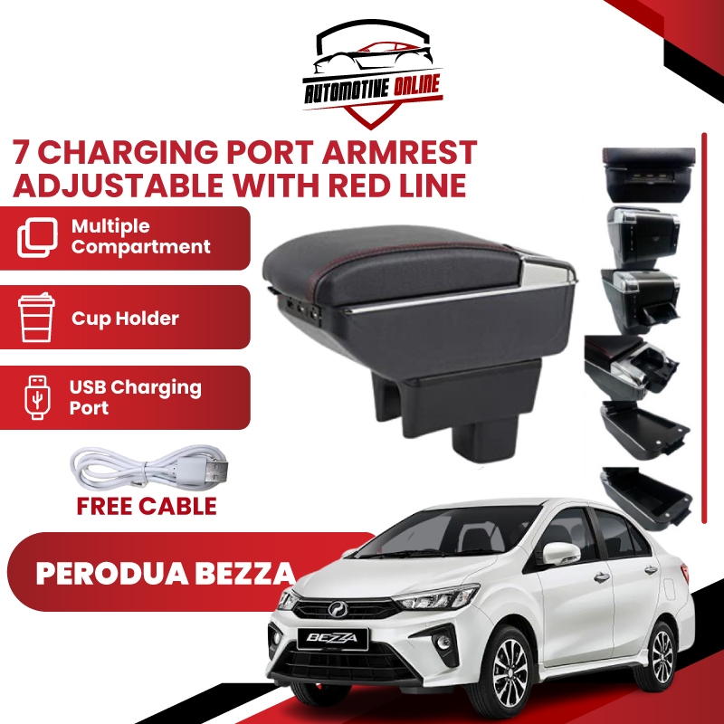 Perodua Bezza 2016-2024 ARMREST ADJUSTABLE 7 USB CHARGING PORT WITH RED ...