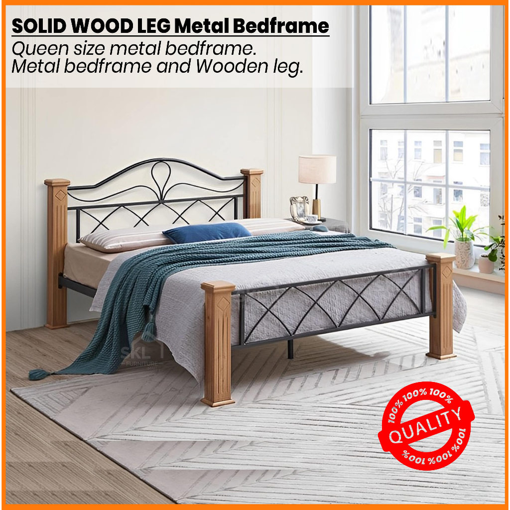 Queen Solid Metal Bed With Wooded Leg / Katil Besi /Katil Besi Queen ...