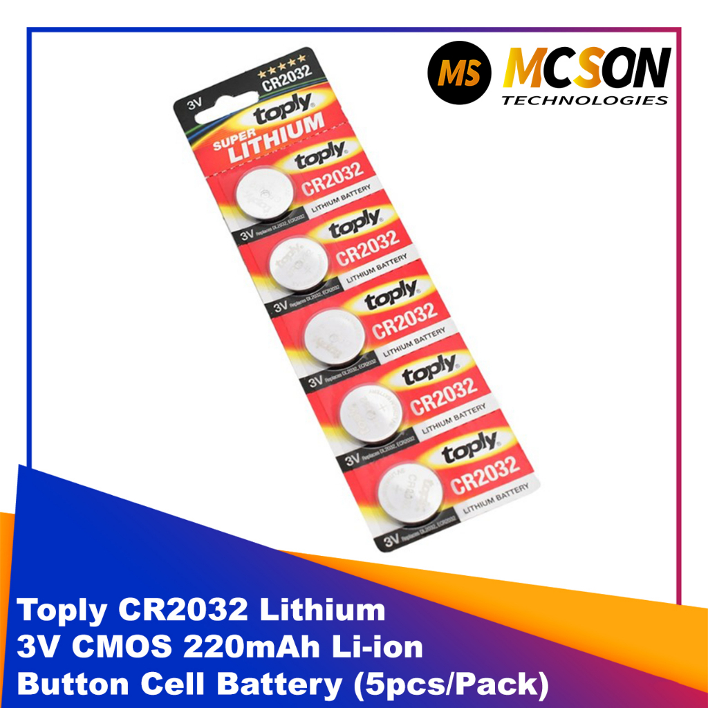 Toply CR2032 Lithium 3V CMOS 220mAh Li-ion Button Cell Battery (5pcs/Pack) | Shopee Malaysia