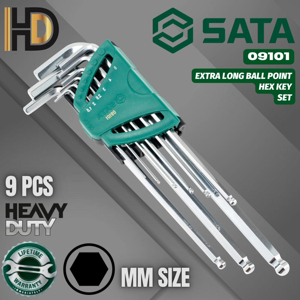 SATA 9 pcs Extra Long Ball Point Hex Key Set / 09101 / Heavy Duty Hex ...