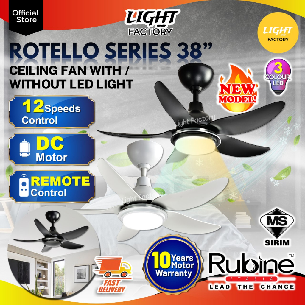 【SIRIM】RUBINE ROTELLO 38" 5 Blades DC Motor Ceiling Fan with Light 6 ...