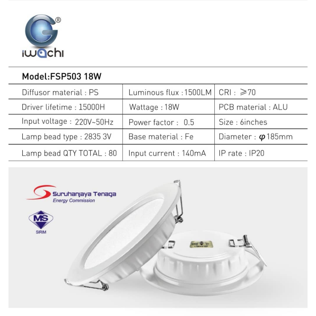 IWACHI 6"18W 6500K LED SLIM PANEL LIGHT/LED DOWNLIGHT#MODEL-FSP 503##SIRIM PRODUCT## | Shopee ...