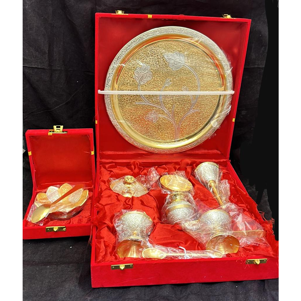 Religious Pooja Set Full Brass Gold and Silver plating with Red Velvet ...