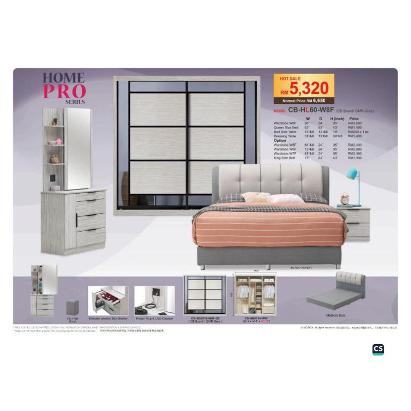 MIXBOX Bedroom Set Furniture 8’x8’ Wardrobe / Bed Frame / Dressing Table Fully Melamine | Shopee ...