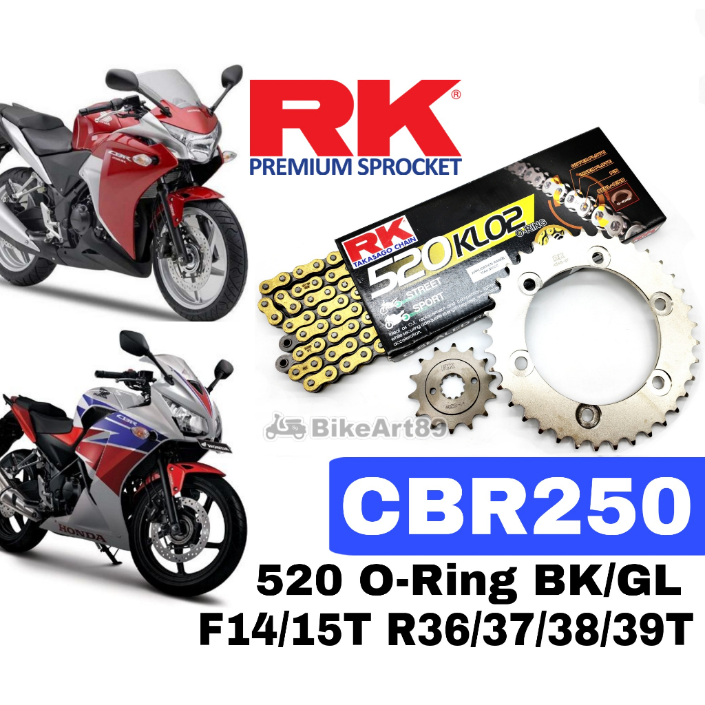 RK Sprocket Set Honda CBR250 RK520 KLO2 O-Ring Rivet Black / Gold Chain ...