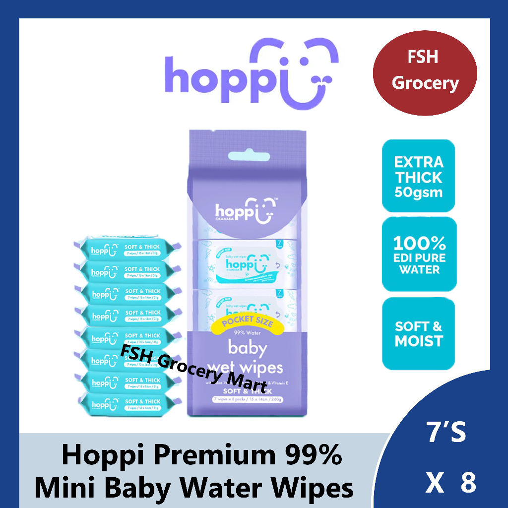Hoppi Premium 99% Mini Baby Water Wipes (7 Wipes x 8 Packs) | Shopee Malaysia
